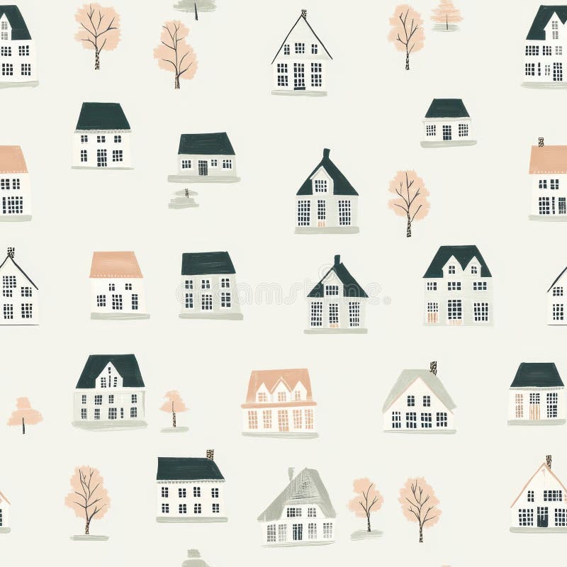 Charming Hand-Drawn Houses and Trees Pattern in Pastel Tones Stock ...