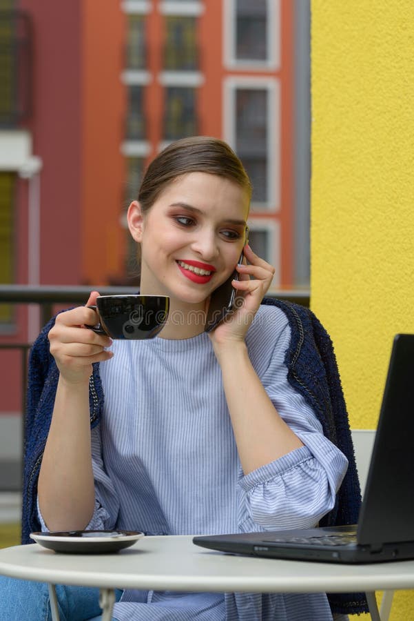 Charming Happy Woman Student Using Laptop Computer To Prepare for the ...