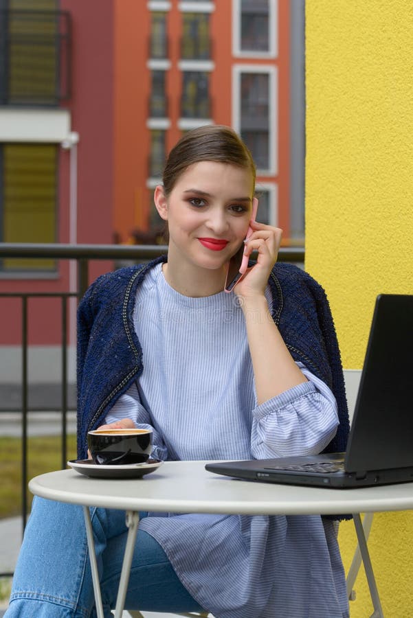 Charming Happy Woman Student Using Laptop Computer To Prepare for the ...