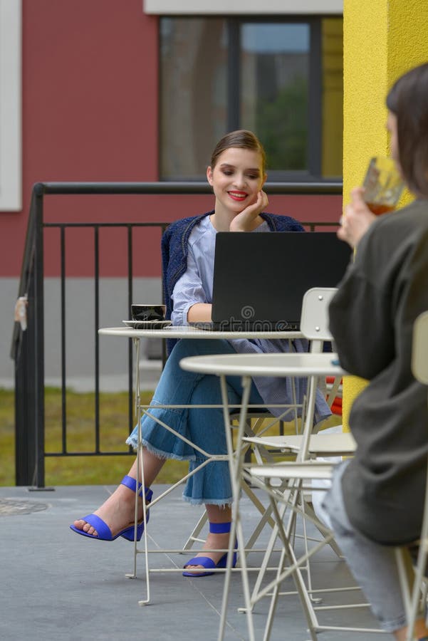 Charming Happy Woman Student Using Laptop Computer To Prepare for the ...