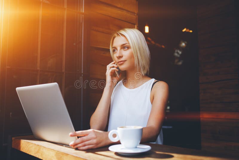 Charming Happy Woman Student Using Laptop Computer To Prepare for the ...