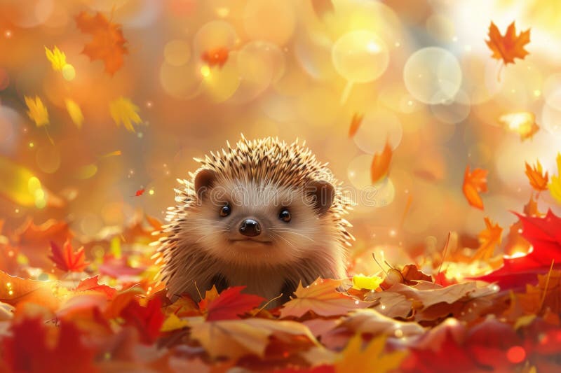 A Charming Hedgehog Surrounded by a Cascade of Falling Autumn Leaves ...