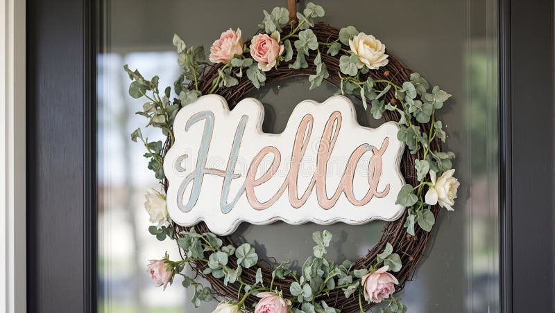 Charming Hello Sign on Door with Floral Wreath Stock Illustration ...
