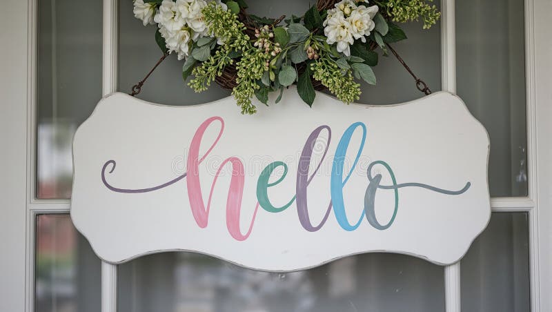 Charming Hello Sign on Door with Floral Wreath Stock Illustration ...