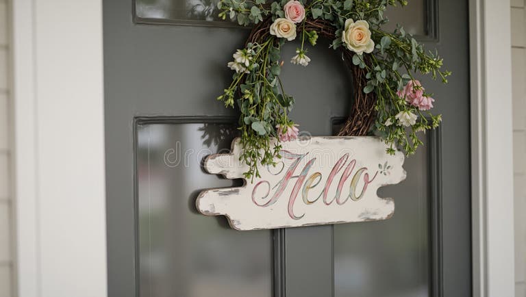 Charming Hello Sign on Door with Floral Wreath Stock Illustration ...