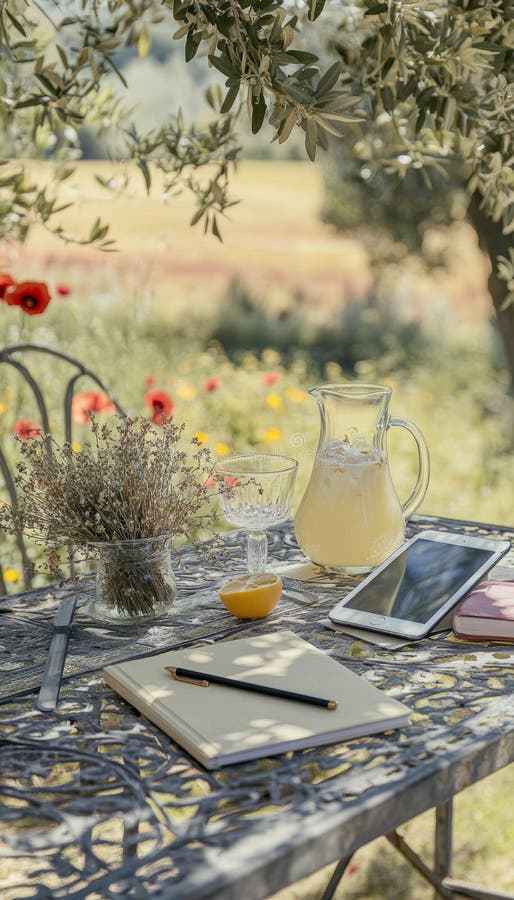 Charming Herb Bouquet on Notebook with Tech and Refreshments Under ...