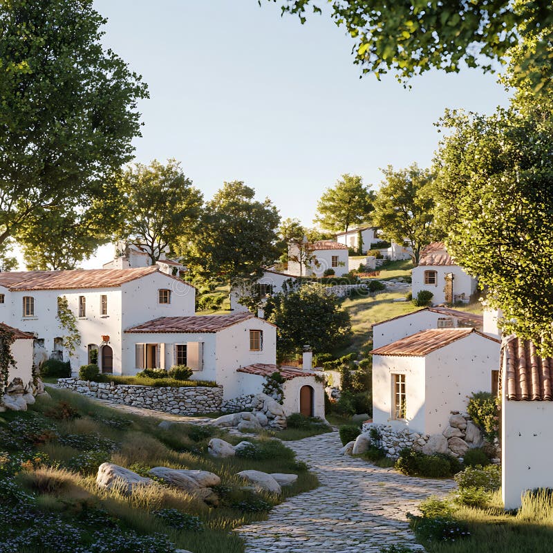 Charming Hillside Village with White Houses and Cobblestone Path Stock ...