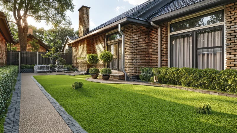 A Charming Home Exterior Boasting an Artificial Lawn, Decorative Brick ...