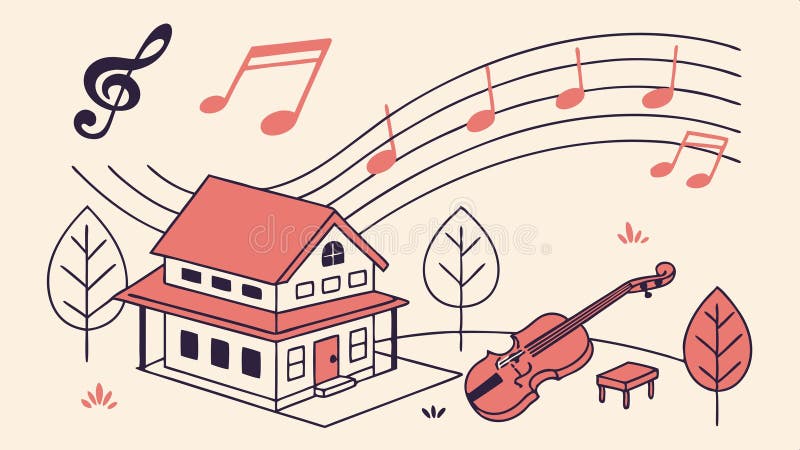 Charming House and Violin with Floating Musical Notes Vector Design ...