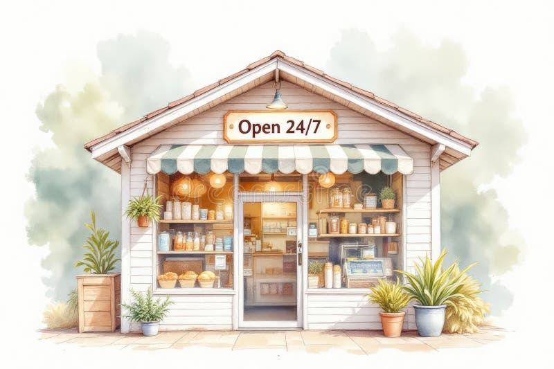 Charming Illustrated Shop Front Open 24/7 with Plants and Cozy ...