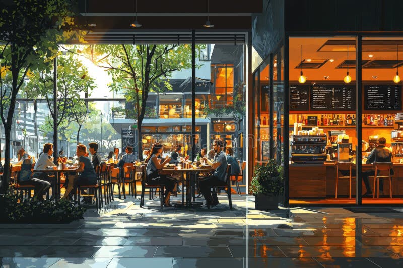 A Charming Illustration of a Bustling Restaurant Scene, Capturing the ...