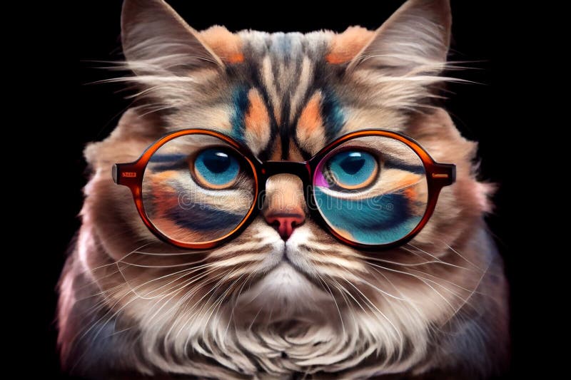 A Charming Illustration of a Cat Wearing Glasses, with a Curious ...