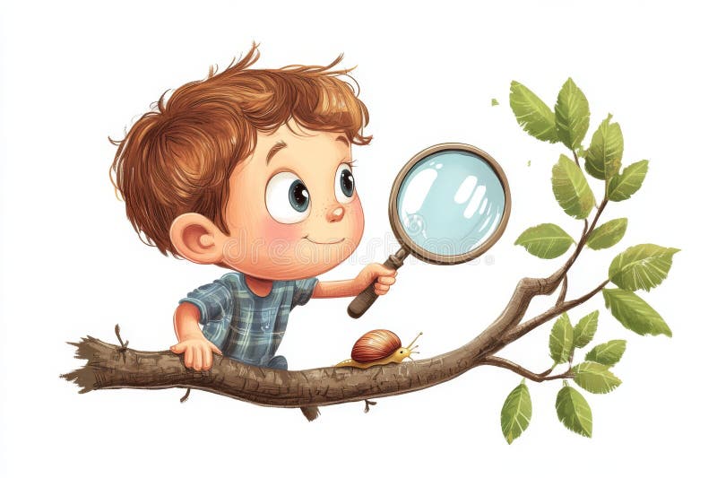 Curious Boy Investigating a Snail Stock Illustration - Illustration of ...