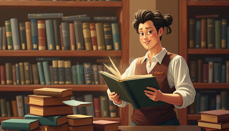 Smiling Librarian Reading in a Cozy Library Stock Illustration ...
