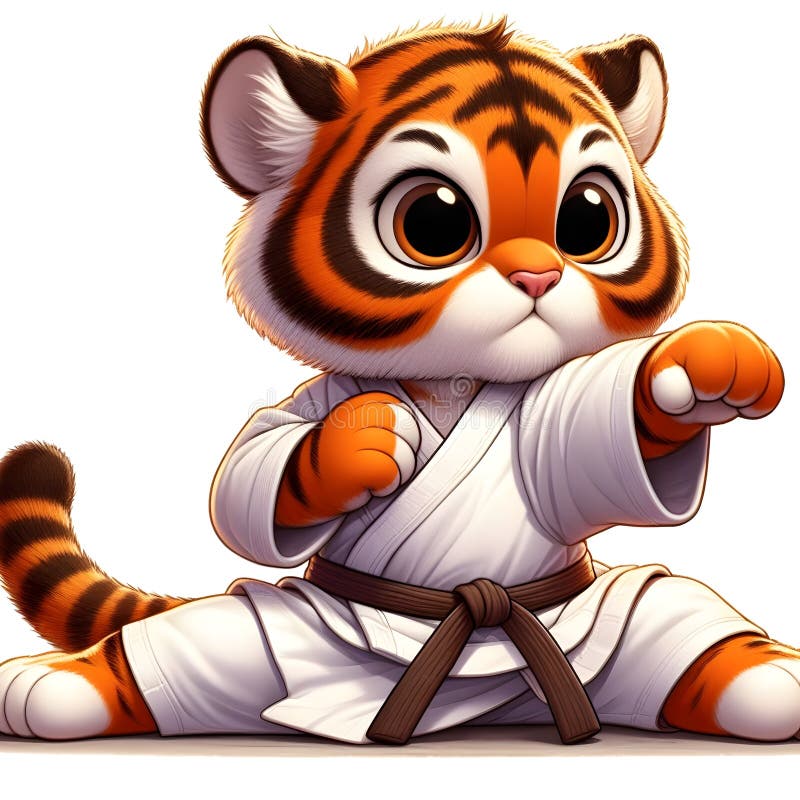 A Cute Cartoon Tiger Cub Dressed in a Martial Arts Uniform, Practicing ...
