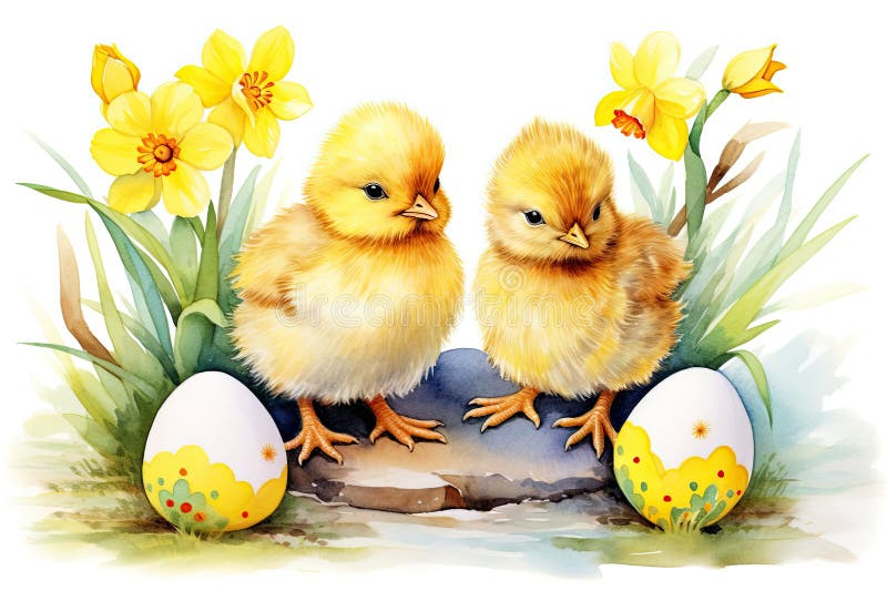 Charming Illustration Fluffy Yellow Chicks Daffodils Stock Photos ...