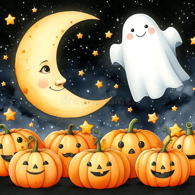 Charming Illustration of a Friendly Ghost, Crescent Moon Carved ...