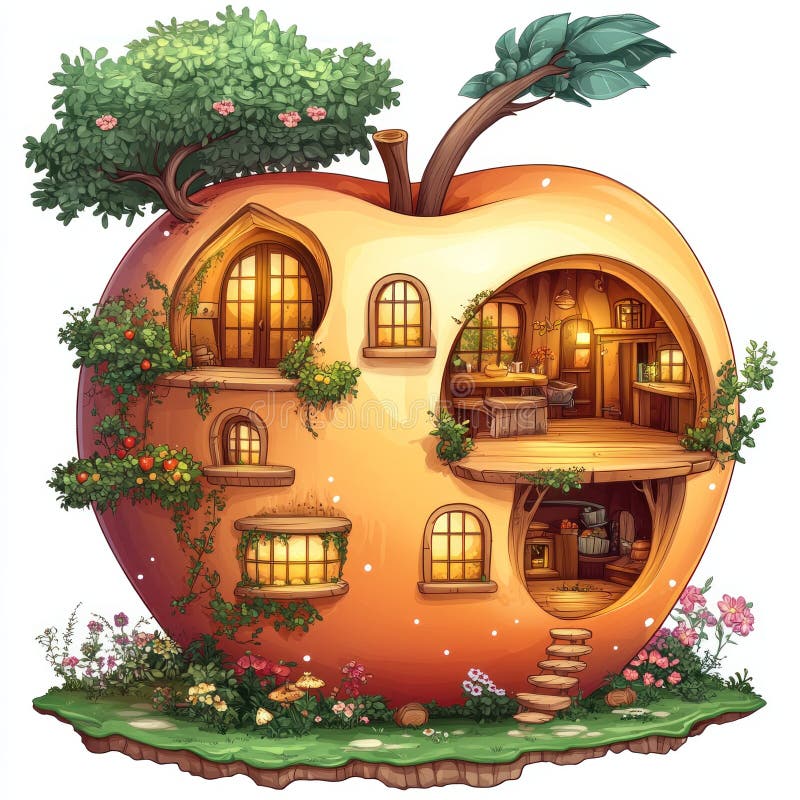 Charming Illustration of a House Built Inside an Apple Stock ...