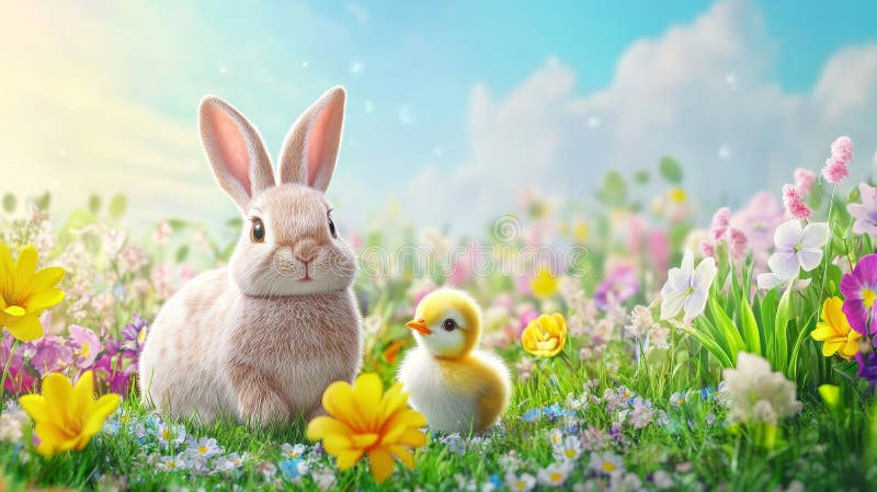 Charming Illustration of a Playful Bunny and Tiny Chick in a Colorful ...