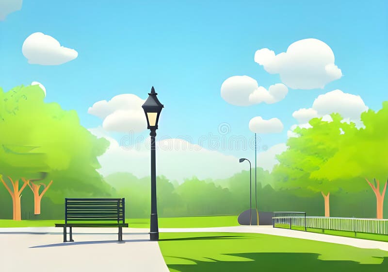 Illustration of an a Peaceful Park with Green Trees, Blue Sky, and a ...