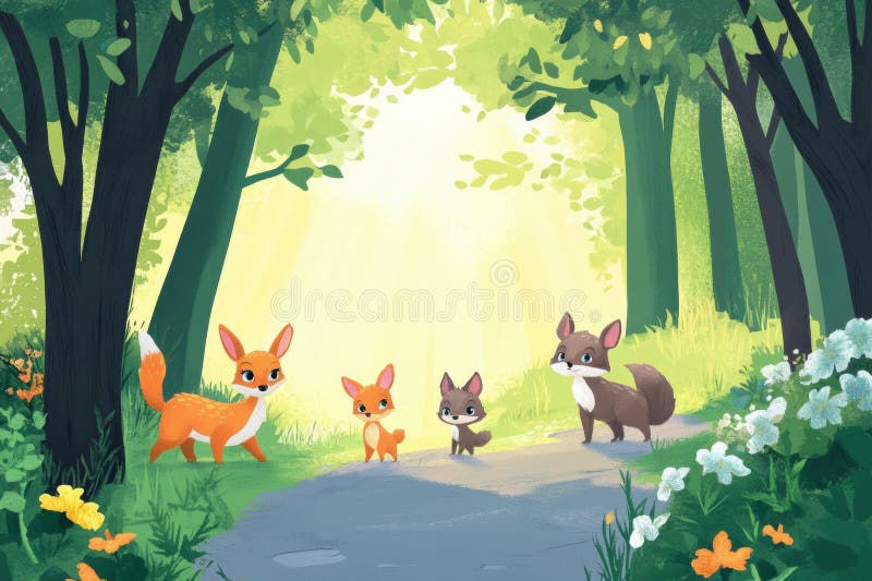 Soft Animals Walk Together on a Sunlit Forest Path Surrounded by Lush ...