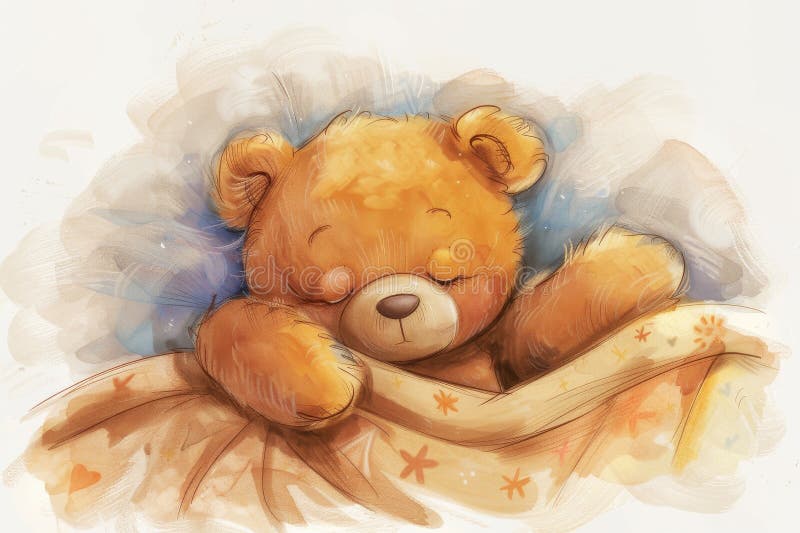 Charming Illustration of a Sleepy Teddy Bear Cuddled Up Under a Blanket ...