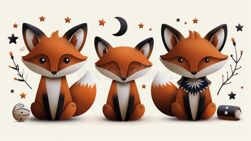 Charming Illustration of Three Cute Fox Characters Surrounded by ...