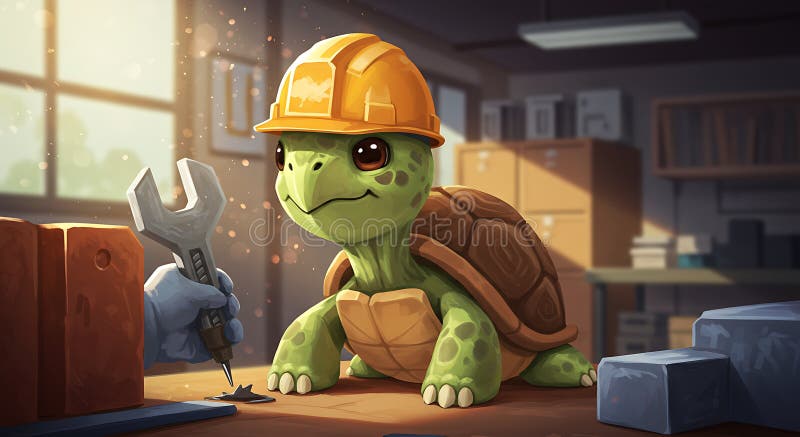 A Charming Illustration of a Turtle Wearing a Hard Hat and Holding a ...