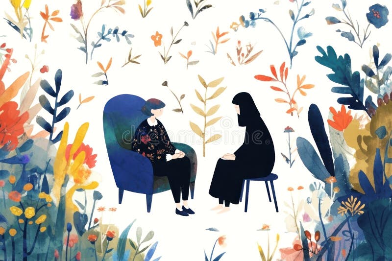 A Charming Illustration of Two People in Conversation, Surrounded by ...