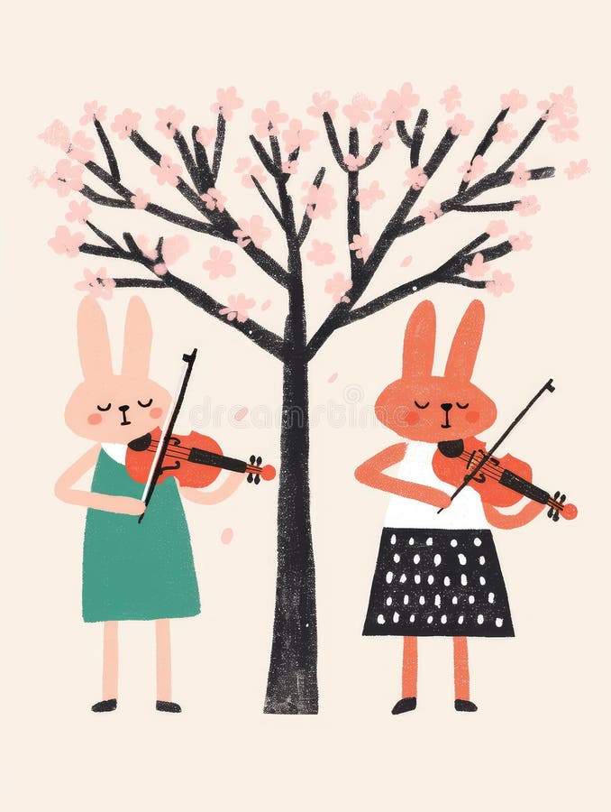 Charming Illustration of Two Rabbits Playing Violins Under Cherry ...