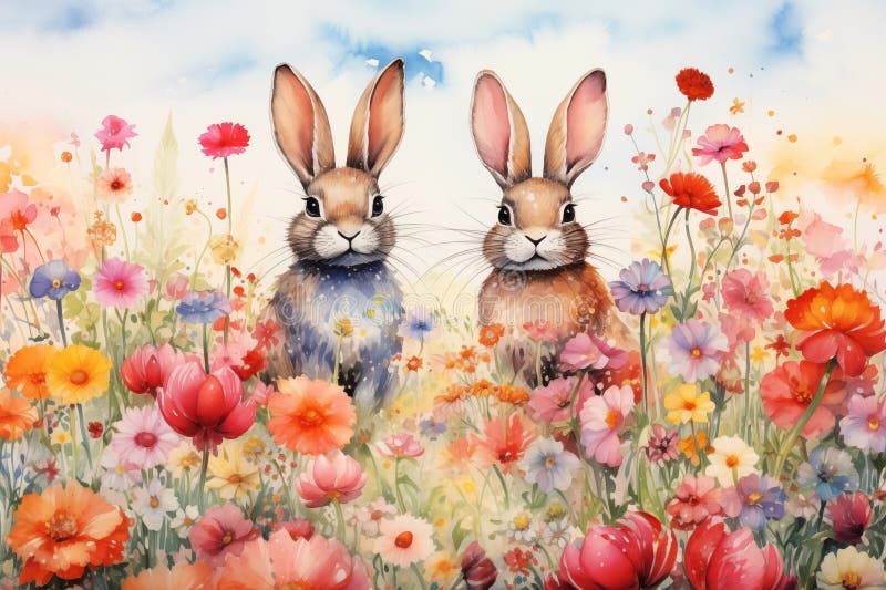 Charming Illustration of Two Rabbits in a Vibrant Field of Multicolored ...