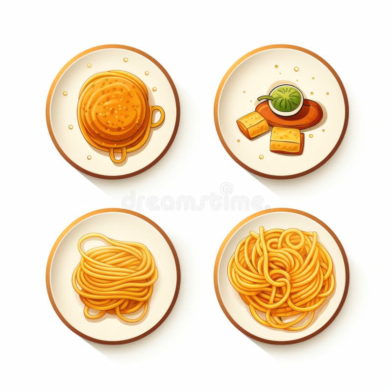 Charming Illustrations of 4 Cute Spaghetti Icon Pack on White ...
