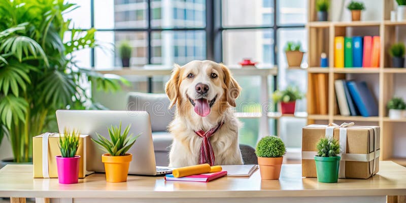 A Happy Dogs Desk Job Adorable Pup Surrounded by Packages in a Vibrant ...
