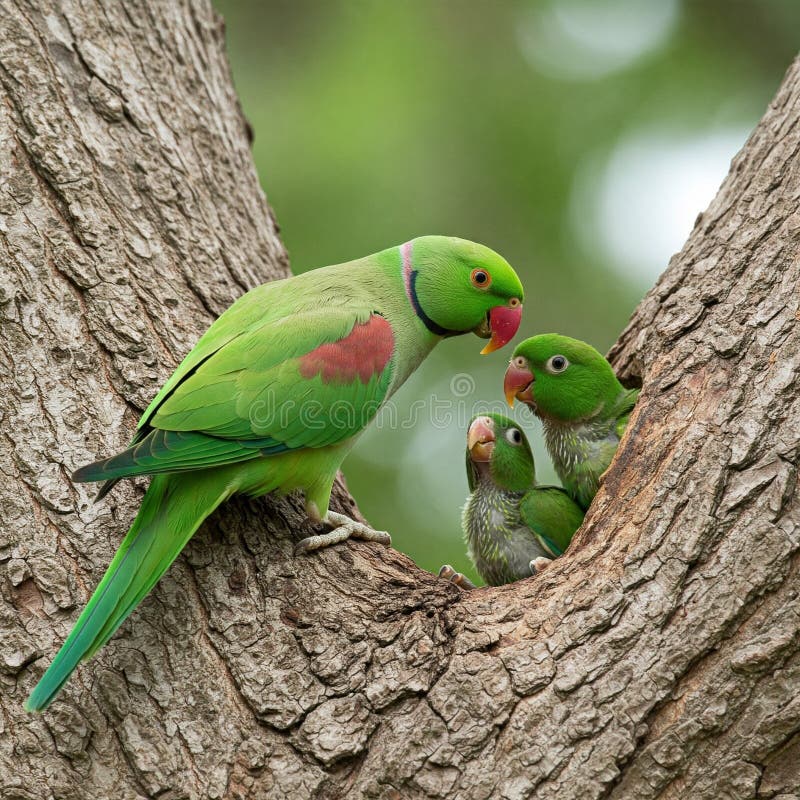 Beautiful Bird Family Scene with Parakeets Stock Illustration ...