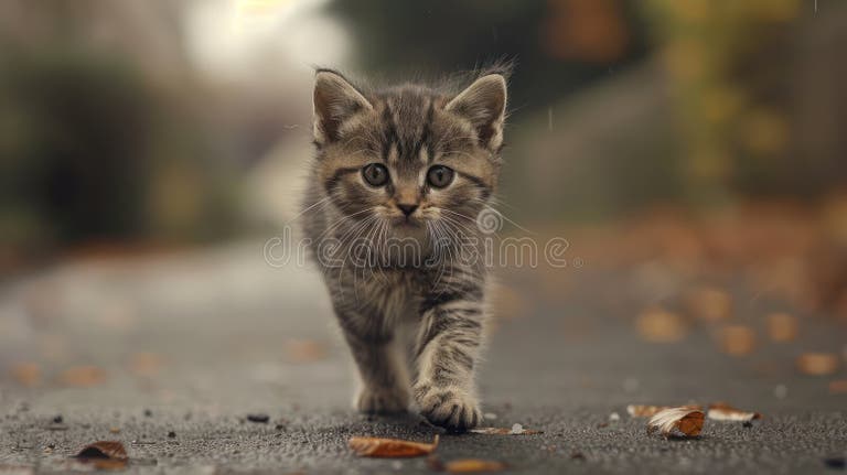 Adorable Kitten Strolling Down the Street with a Playful Gait Stock ...