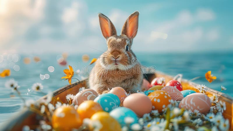 Easter Bunny on Boat with Eggs: Holiday Celebration on Water Stock ...