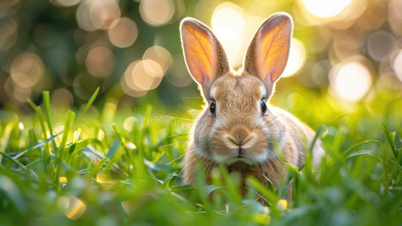 Easter Bunny Hiding in Grass Hole with Eggs and Defocused Lights Stock ...