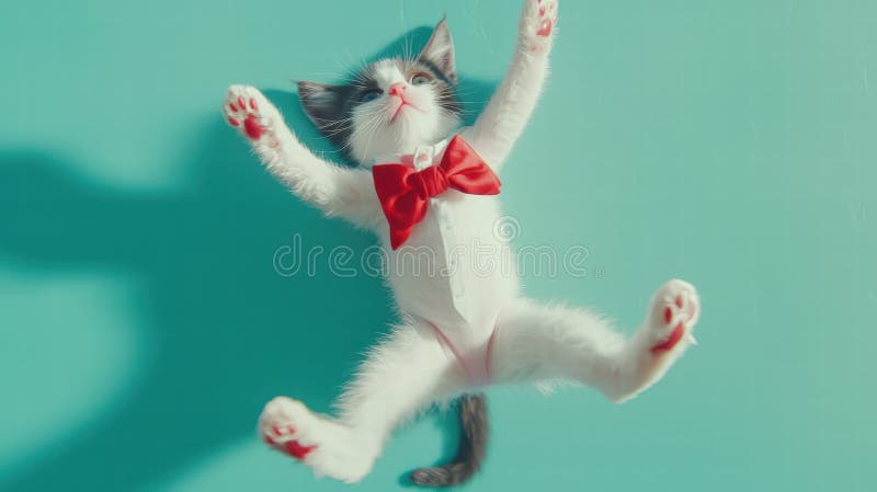 Adorable Kitten in Bow Tie Playing on Bright Aqua Background Stock ...