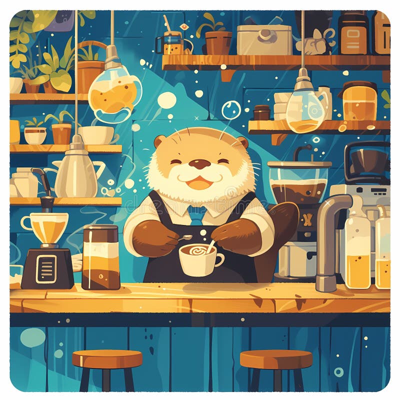 Cute Beaver Barista Serving a Warm Beverage Stock Illustration ...