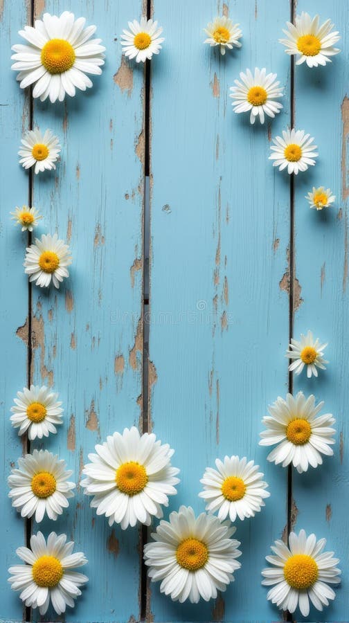 Daisy Cascade: White Daisies Against a Rustic Blue Wood Background ...