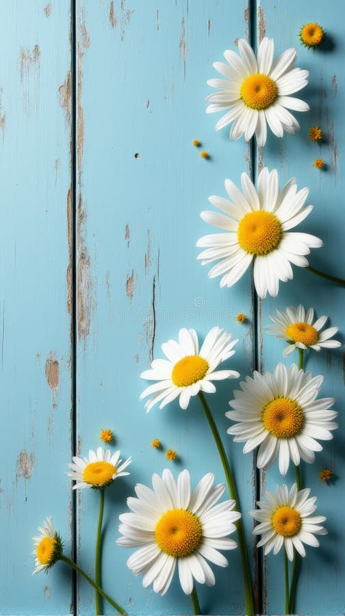 Daisy Cascade: White Daisies Against a Rustic Blue Wood Background ...
