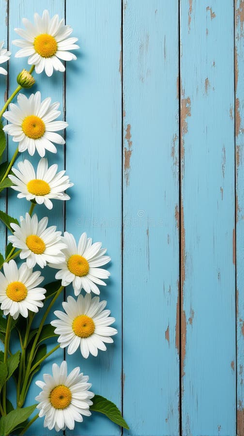 Daisy Cascade: White Daisies Against a Rustic Blue Wood Background ...