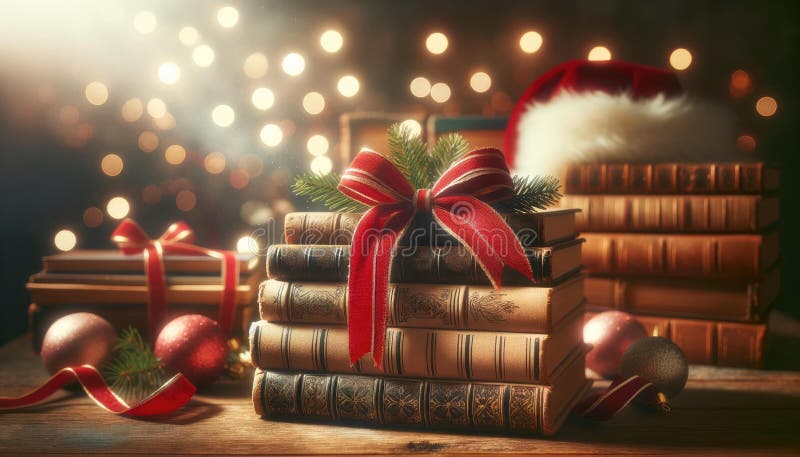 Festive Holiday Book Stack with Sparkling Lights, AI Generated Stock ...