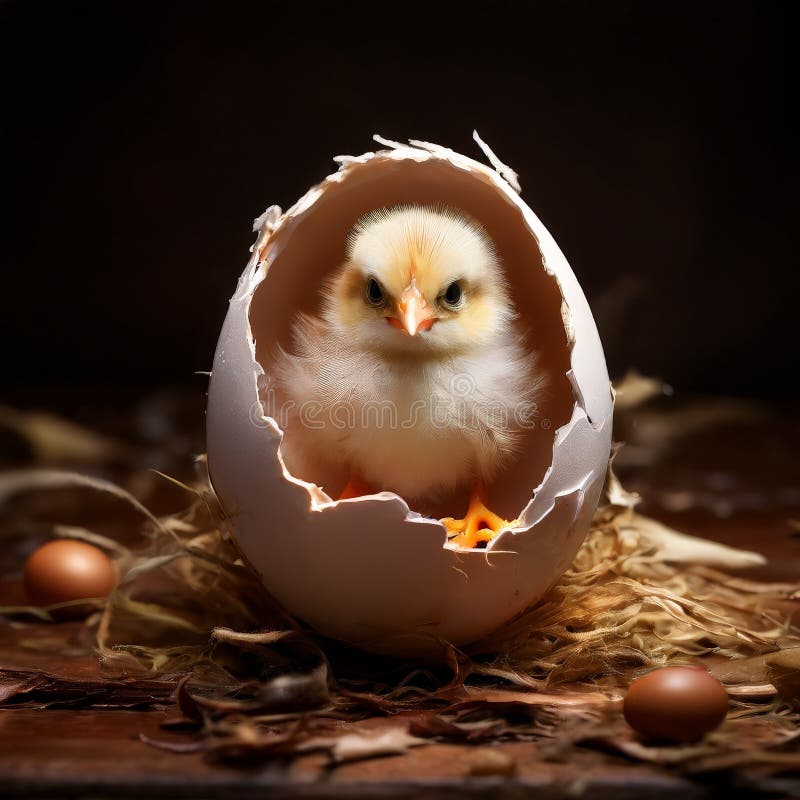 Adorable Chick Emerging from a Cracked Eggshell on Straw Stock Photo ...