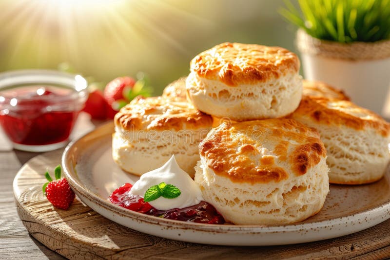 Charming Image of Golden Brown Scones with Clotted Cream Served on a ...