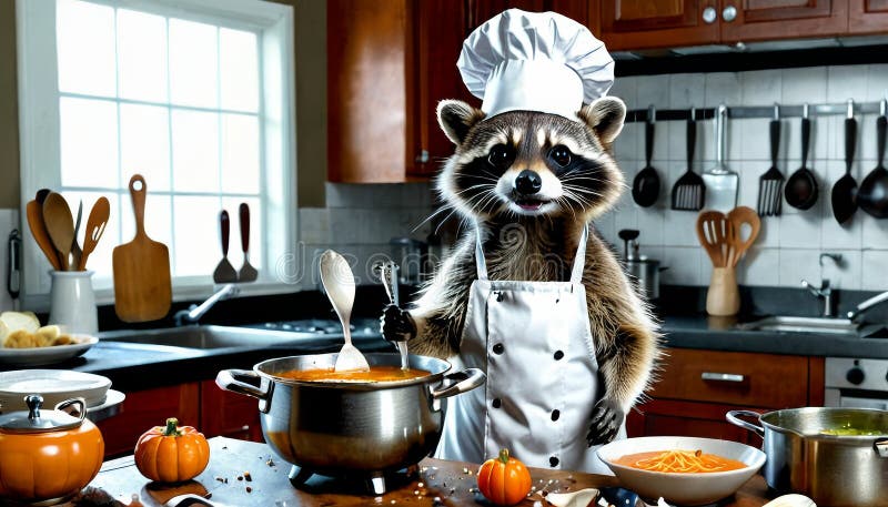 Raccoon Chef Cooking in Kitchen with Fresh Ingredients Stock Image ...