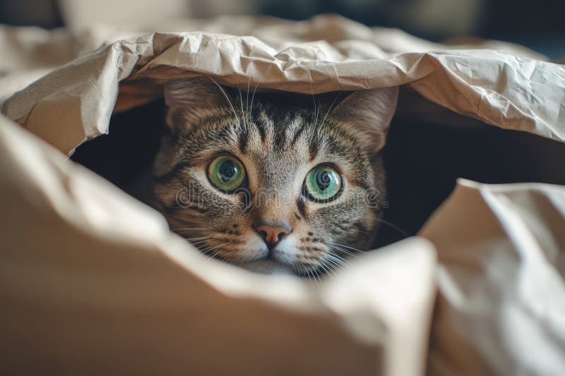 A Curious Cat Peeks Out from a Crumpled Box. Its Big Green Eyes Shine ...