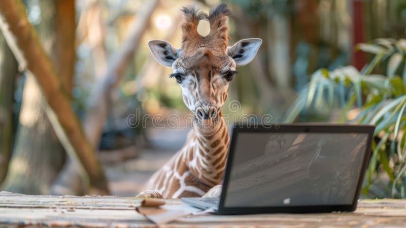 Tech-Savvy Giraffe Soaking Up the Spring Sunshine with Laptop Stock ...