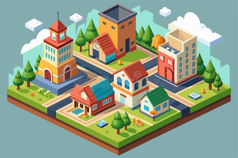 A Charming, Isometric Illustration of a Small Town with Detailed ...