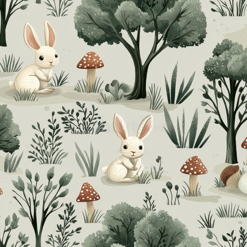 Charming Kids Pattern with a Forest Theme, Including a Bunny, Mushrooms ...